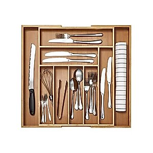 W WOODSUN Bamboo Kitchen Drawer Organizer, Utensil Tray Drawer Organizer, Expandable Flatware Organizer with Divider, Fit for Kitchen Bedroom Clothroom Readroom