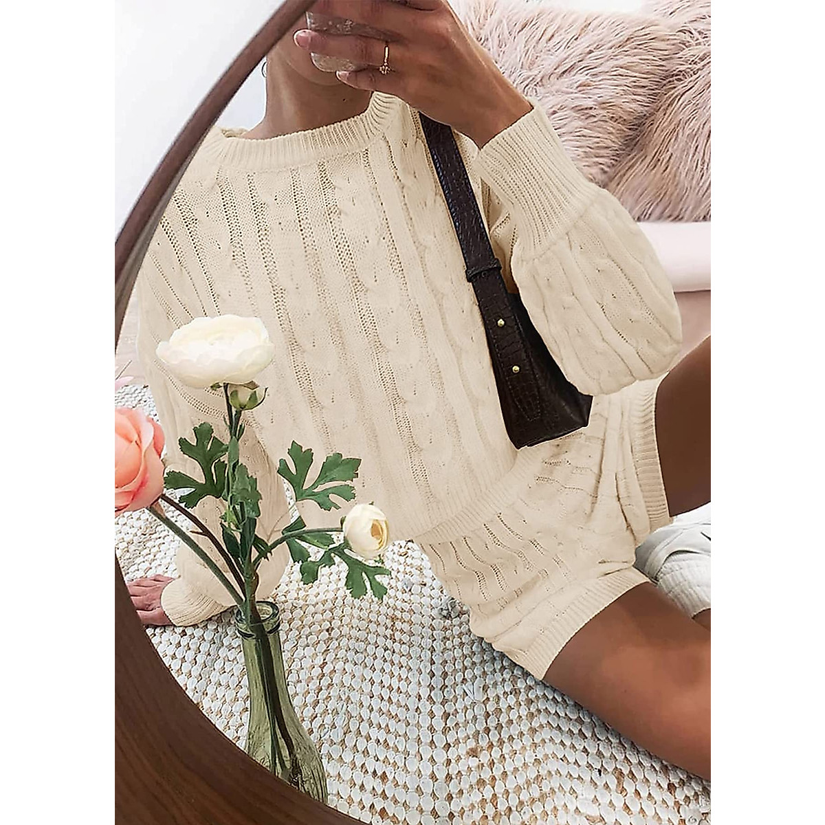 ZESICA Women's Casual 2 Piece Sweater Sets Long Sleeve Cable Knit Pullover Tops and Drawstring Shorts Sweatsuit Outfits,Apricot,Small