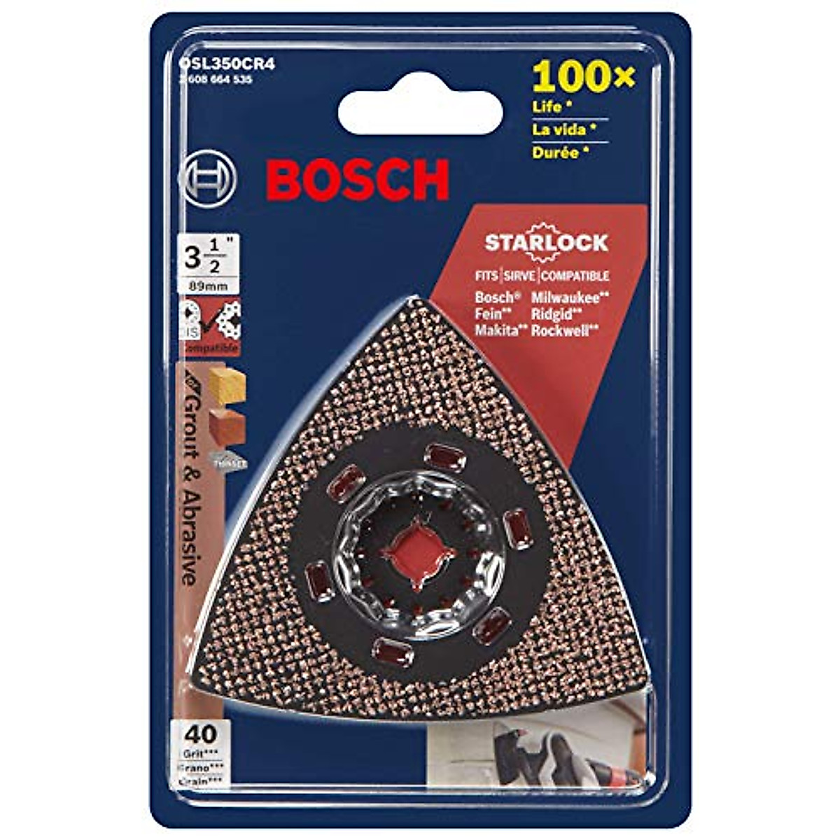 BOSCH OSL350CR4 1-Piece 3-1/2 In. Starlock Oscillating Multi Tool Grout & Abrasive Carbide 40 Grit Delta Sanding Pad for Sanding Applications in Wood, Wood with Paint and Thinset
