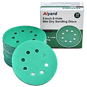 Aiyard 5-Inch 8-Hole Wet Dry Sanding Discs 2000 Grit, Polyester Film Backed Heavy-Duty Hook and Loop Sandpaper for Random Orbital Sander, 50-Pack