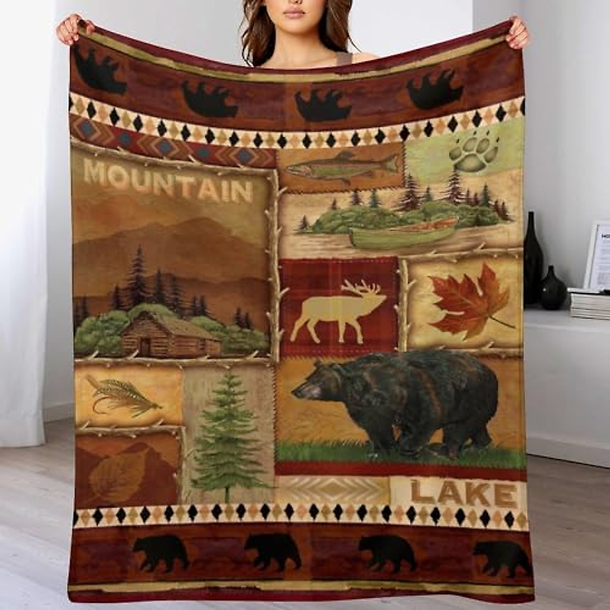 Blanket Retro Bear Moose Deer Throw Blankets,Ultra Soft Fleece Blanket Cozy Bed Blankets,Sherpa Rustic Cabin Throw Blanket,Home Decor Blankets Gifts for Men Women Kids Christmas Birthday(40x50 in)