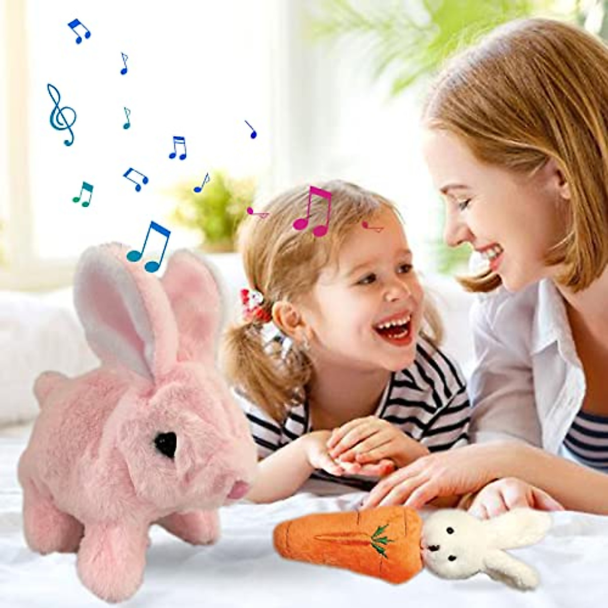 FESTIVALCOS Bunny Toys Interactive Toys Bunnies Can Walk and Talk, Easter Plush Stuffed Bunny Toy Walking Rabbit Educational Toys for Kids, Hopping Wiggle Ears Twitch Nose (Pink, with Carrot)