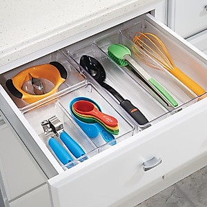 InterDesign Linus Twin Kitchen Drawer Organizer for Silverware, Spatulas, Gadgets - 8" x 8" x 3", Clear
