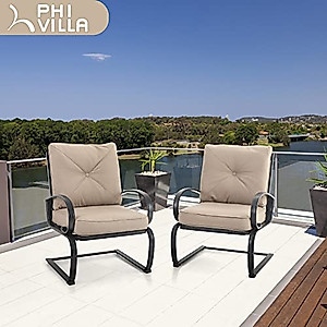PHI VILLA Patio Spring Motion Metal Dining Chairs Set of 2, Rocking Chairs with Padded Cushion for Deck,Porch,Beige