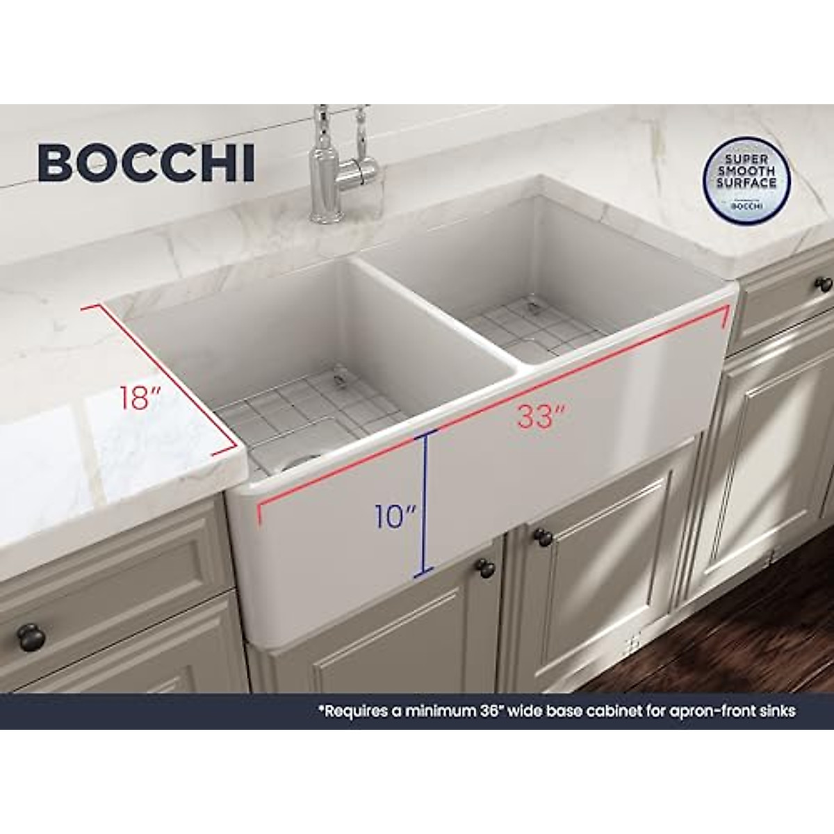 BOCCHI Classico Farmhouse Apron Front Fireclay 33 in. Double Bowl Kitchen Sink with Protective Bottom Grid and Strainer in White