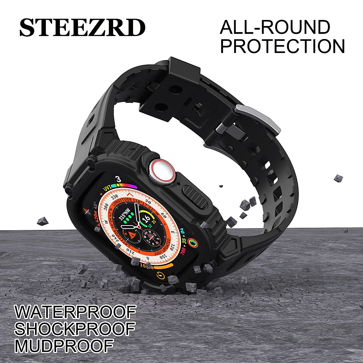 Steezrd Case with Band Compatible with Apple Watch Ultra 49mm Bands, Rugged TPU Sport Shockproof Waterproof Scratch-Proof Protective Strap with Bumper Case for Men Women