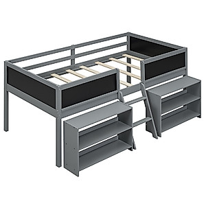 Twin Size Low loft Bed with Movable Shelves for Kids,Kids Low Loft Bed Frame with Guardrail Chalkboard and Storage,Solid Wood Loft Bed Twin for Boys,Girls(Gray)
