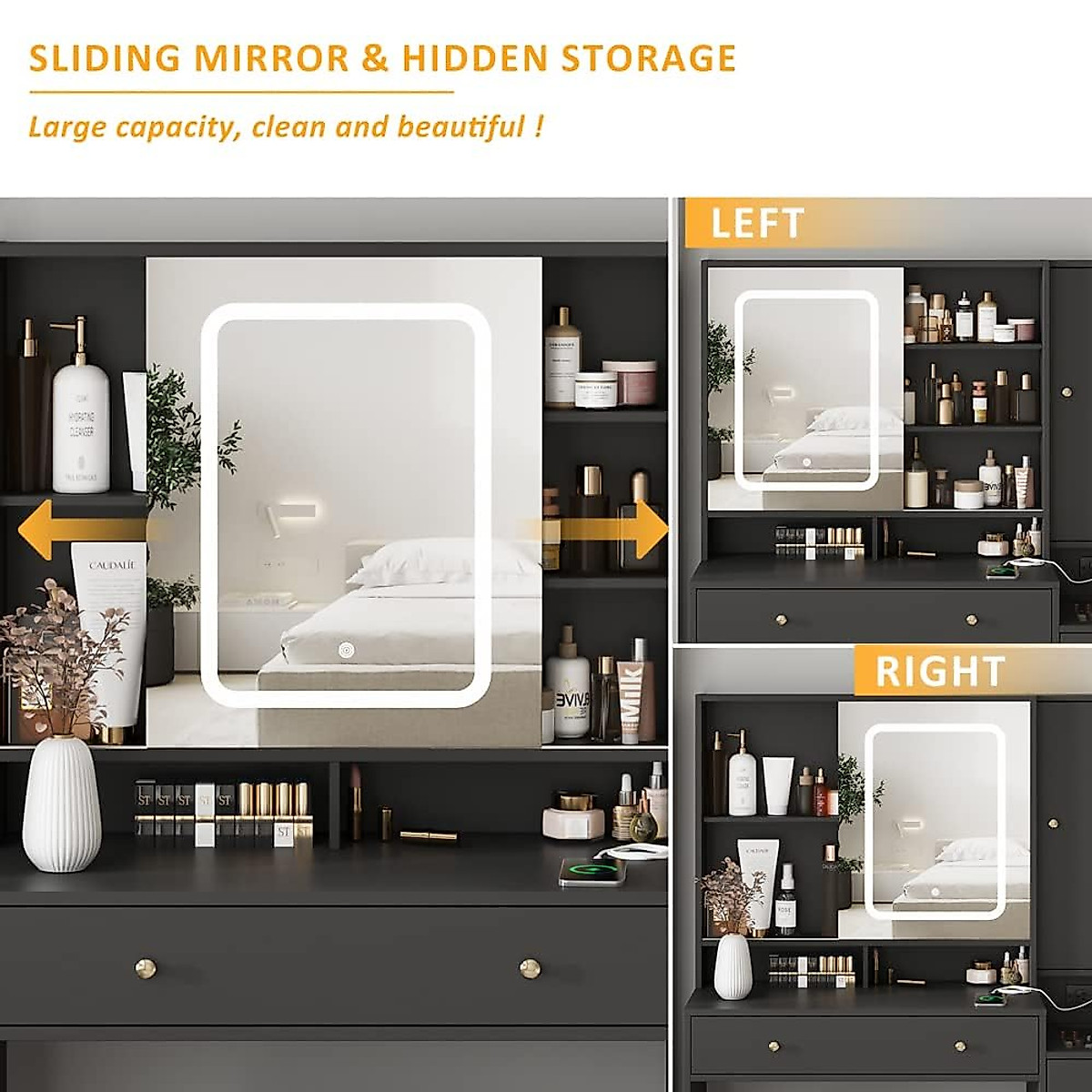 Vabches Vanity Desk with Mirror and Lights, Vanity Table Makeup Vanity with Lights 3 Drawers and Cabinets, Charging Station & Sliding Door, Lots Storage Shelves