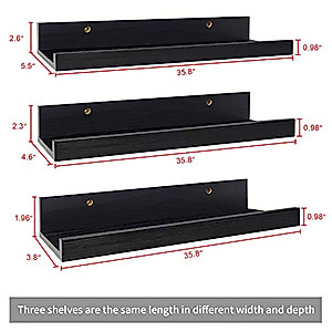 36 Inch Black Floating Wall Ledge Shelves Set of 3, Photo Picture Ledge Shelf with Lip for Office, Bedroom, Living Room, Kitchen