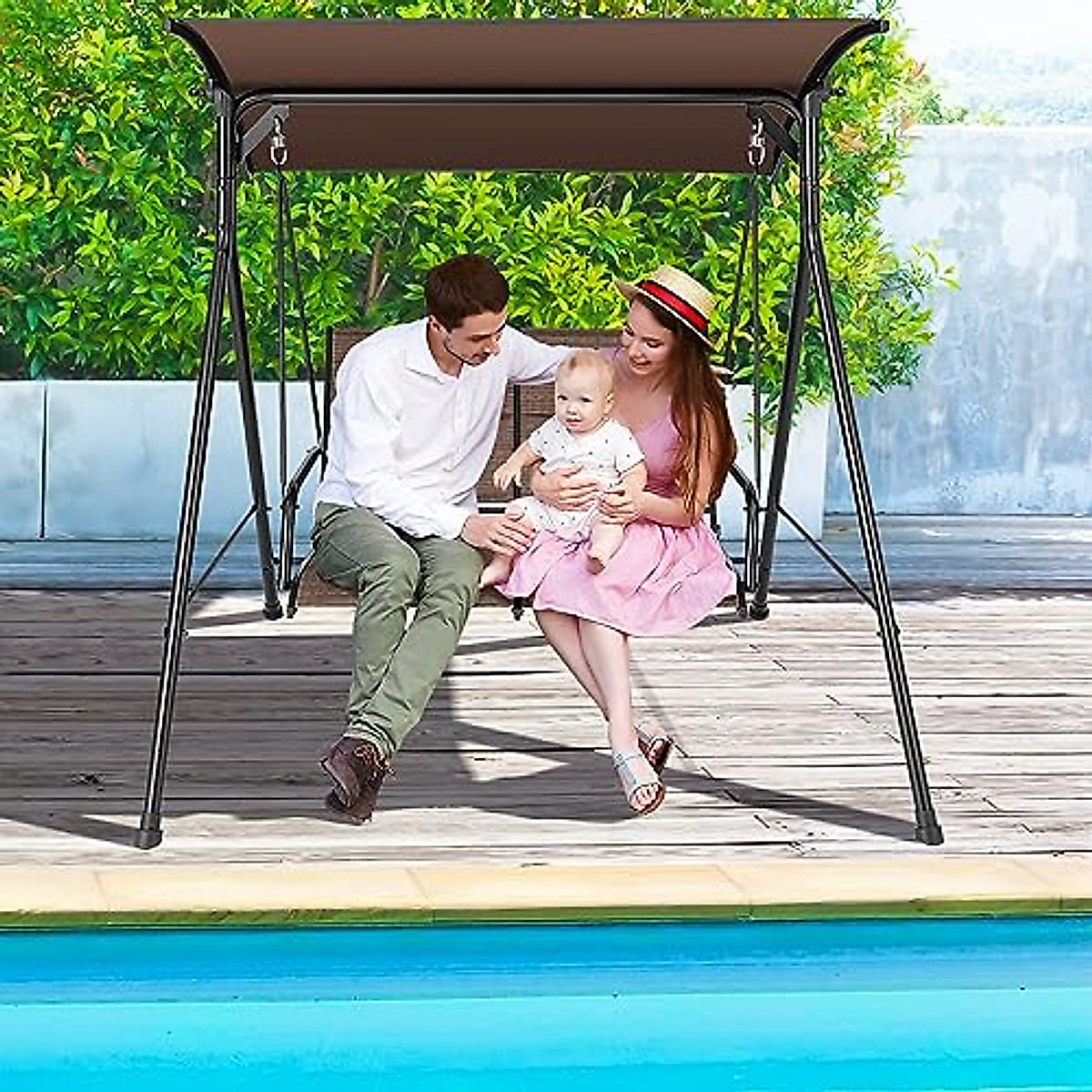 Tangkula 2 Person Porch Swing, Patio Swing with Adjustable Canopy, Padded Seat, Curved handrails & Heavy-Duty Metal Frame, Outdoor Swing for Yard, Garden, Poolside (Brown)