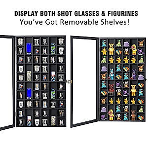 Shot Glass Display Case Large Wooden Cabinet Rack Holder Wall Mounted Black Shadow Box Lockable with UV Protection Acrylic Glass Door Shot Glass Storage Case with Removable Shelves, 17"x32", 52 Slots