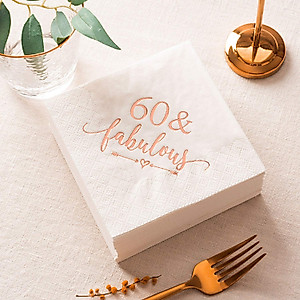 Crisky 60 and Fabulous Cocktail Napkins Rose Gold for Women 60th Birthday Decorations, 60th Birthday Bevergae Dessert Table Supplies, 50Pcs, 3-Ply