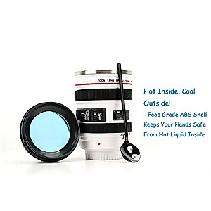 PhantAccy Camera Lens Coffee Mug / Cup Non-BPA Food Grade SUS-304 Stainless Steel Leakproof Travel Mug Tea Water Bottle with Lid and Spoon, 12 Ounce (White)