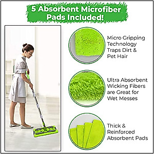 ITSOFT Microfiber Hardwood Floor Mop - Stainless Steel Handle with Extension and 5 Reusable Mop Pads, for Wet or Dry Floor Cleaning, Green