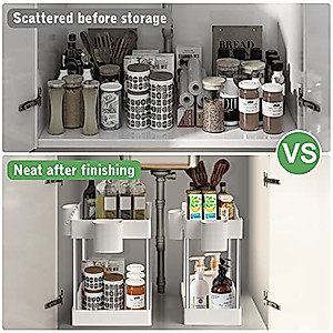 2 Pack Under Sink Organizer- Stackable 2 Tier Bathroom Storage Organizers and Storage with Hanging Cup and Hooks, White Under Sink Shelf Rack for Bathroom Kitchen Countertop Office Cabinets,White