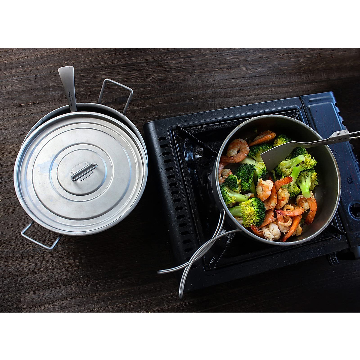 Boundless Voyage Titanium 1900mL Pot and 900mL Fry Pan Set with Steaming Rack and Lid Multifunctional Steamer Stockpot Outdoor Cooking Ultra Light Camping Cookware