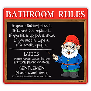 Venicor Gnome Bathroom Decor Sign - 12 x 13 Inches - Aluminum - Gnome Gifts for Women - Funny Bathroom Rules Wall Art - Gnome Decorations for Home Door Flag Stickers Decal Metal Accessories Poster