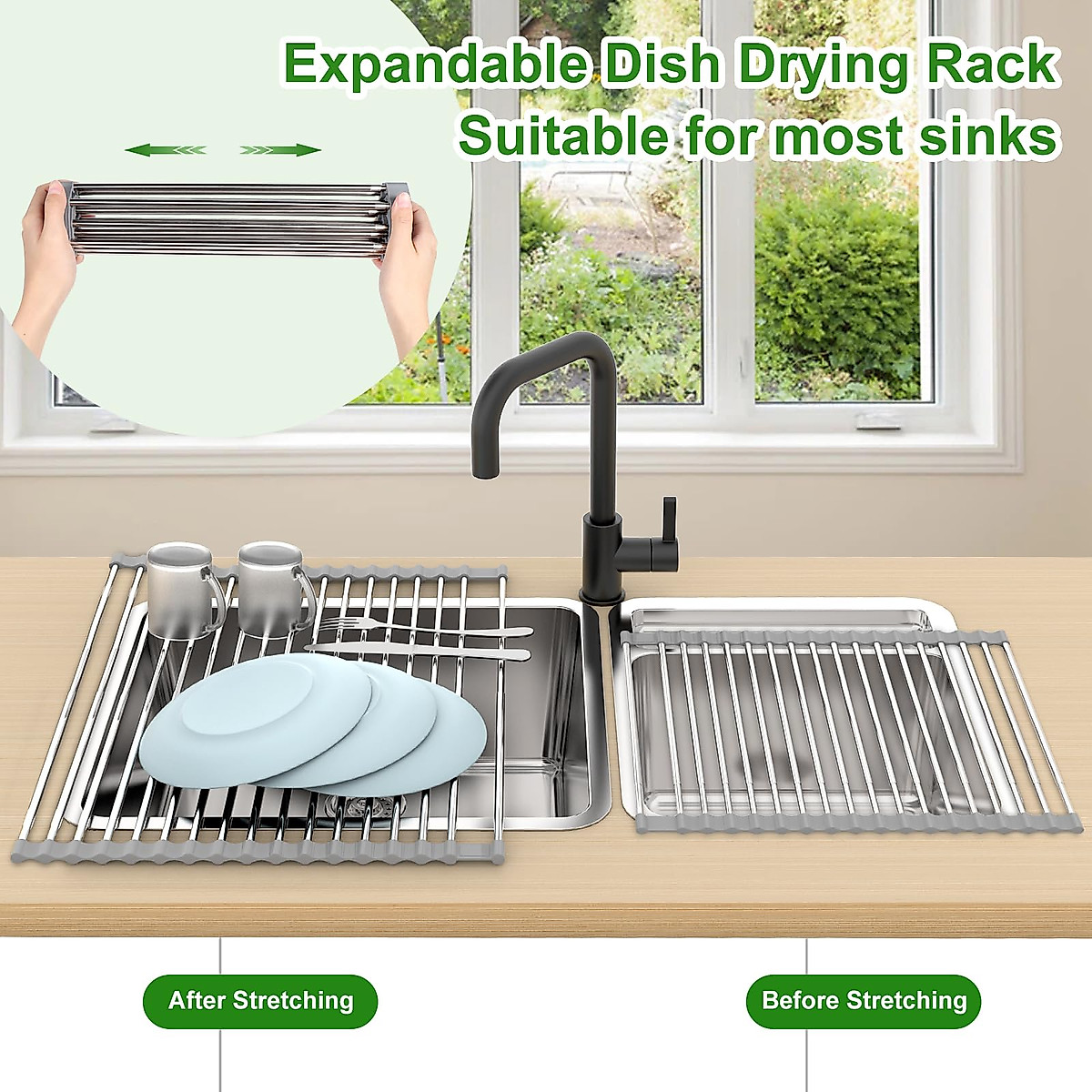 Liangmall Dish Drying Rack Expandable Up to 23.6", Roll Up Over The Sink Dish Drying Rack, Extra Large Stainless Steel Multipurpose Kitchen Sink Drainer - 23.6"(L) x 15.7"(W)