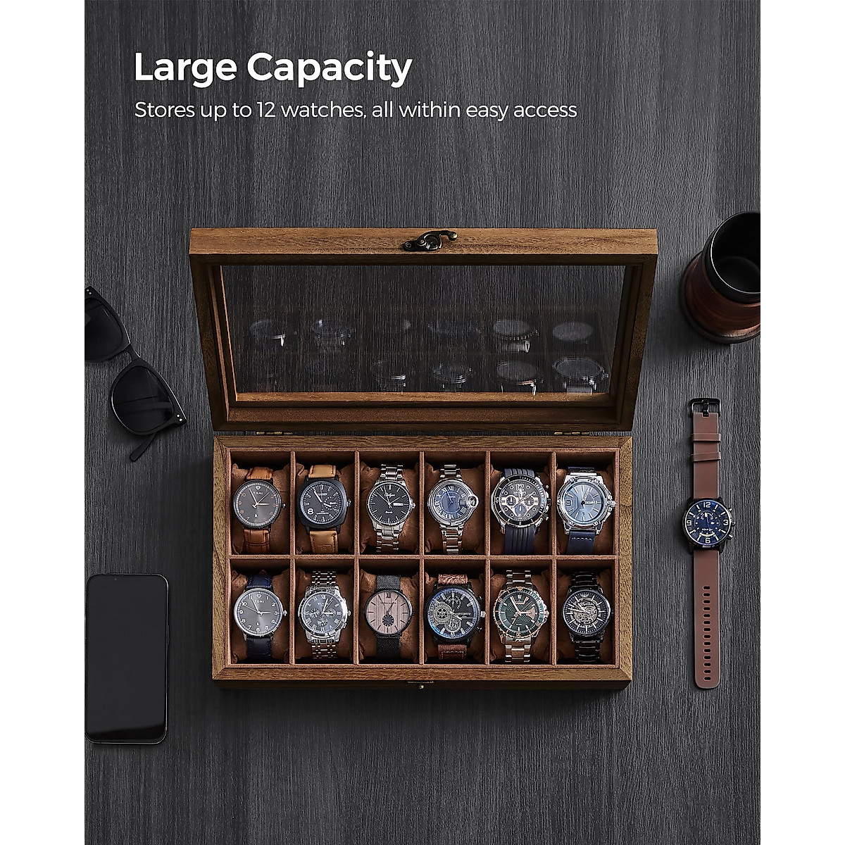 SONGMICS Watch Box, 12-Slot Watch Case, Solid Wood Watch Box Organizer with Glass Lid, Watch Display Case with Removable Pillows, Gift for Loved Ones, Rustic Walnut UJOW120K01