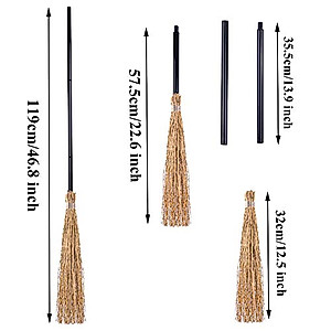 URATOT 3 Pieces Halloween Witch Broom Props Thatch Bamboo Witch Broomstick Retractable Straw Bamboo Witch Broom Party Decoration for Halloween Cosplay Favors