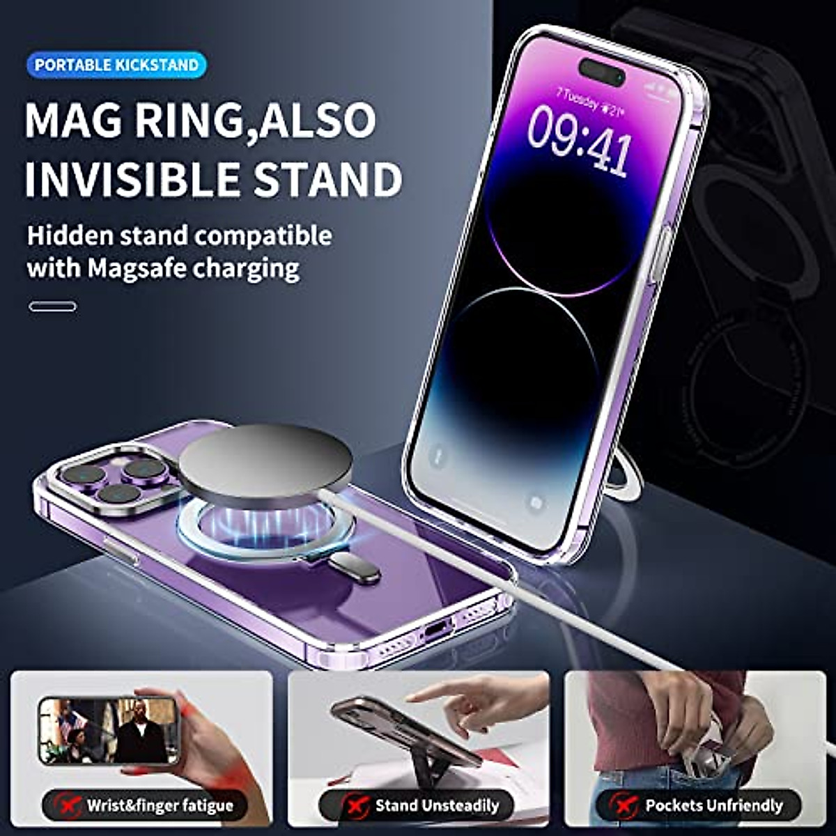 niufoey Magnetic Case for iPhone 14 Pro Max Clear Case with Invisible Stand,[Compatible with Mag Safe][Translucent Matte Case][Tempered Glass Screen Protector+Camera Lens Protector] 6.7 Inch, Clear
