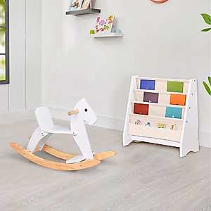 KRAND Wooden Rocking Horse Baby Ride On Toy for Toddlers Solid Wood Classic Design with Comfortable Pedal and Safe Backrest Ideal Gift for Kids (Classic, White)
