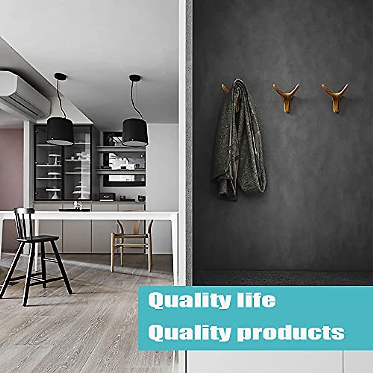 Exxacttorch 2 Pack Bull Horn Wall Mounted Hat Towel Bag Hanger, Traceless Decorative Art Coat Hooks, Solid Zinc Alloy Wall Hooks Double Prong Holder for Keys, Umbrella, Matte Brass