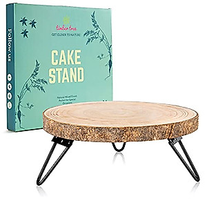 Timber Tree 10 inch Wood Cake Stand for Dessert Table - Round Rustic Cake Holder Tray Wooden Serving Platter Pedestal Centerpiece Decoration with Sturdy Hinged Metal Legs for Wedding Cakes