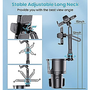 Cup Holder Phone Mount for Car, Adjustable Height Long Neck Cell Phone Cradle with Expandable Base, Car Truck Interior Accessories Compatible with iPhone Samsung Most Smartphones and Drink Bottles