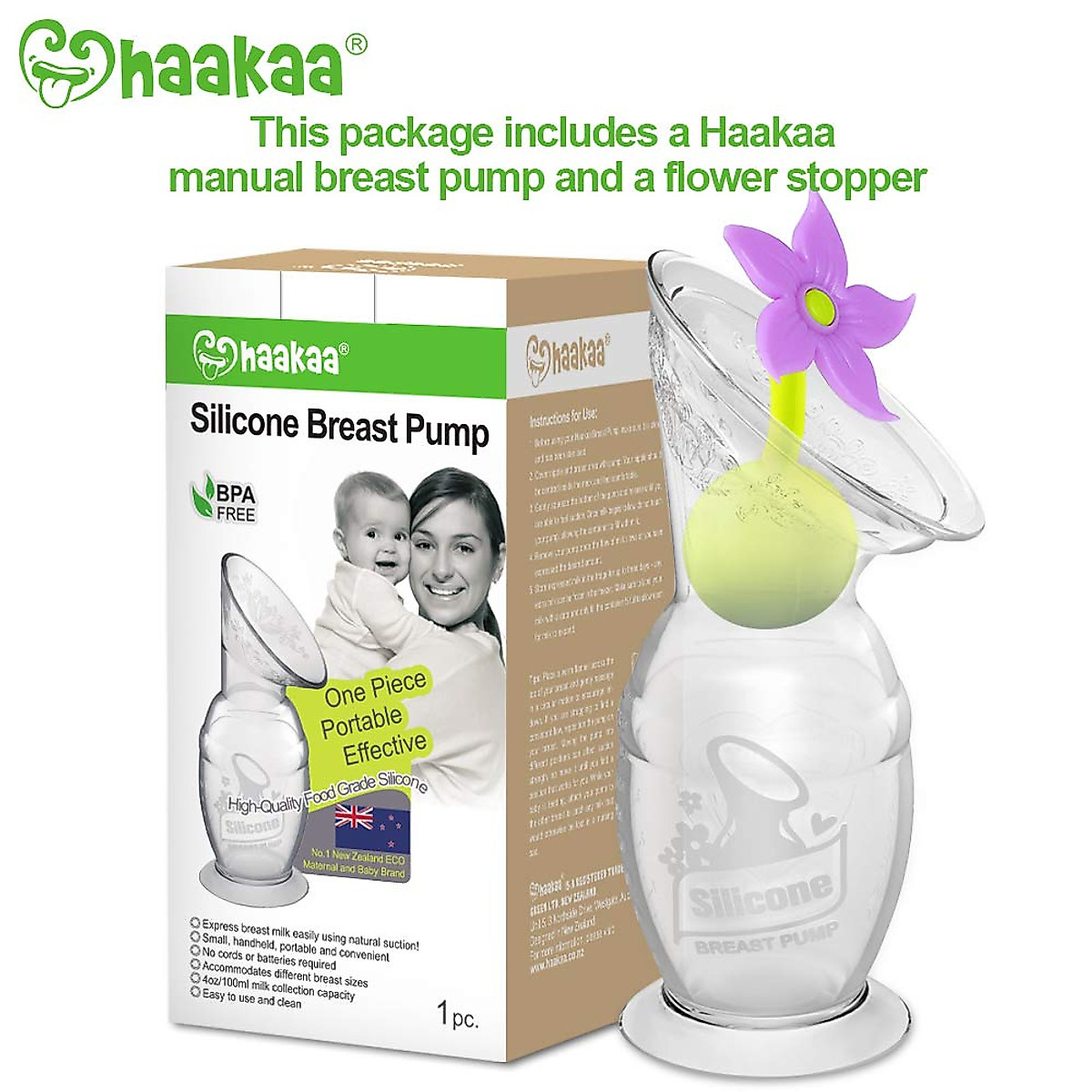 haakaa Manual Breast Pump Silicone Breastpump Milk Pump for Breastfeeding with Suction Base and Flower Stopper 100% Food Grade Silicone BPA Free (4oz/100ml) (Purple)