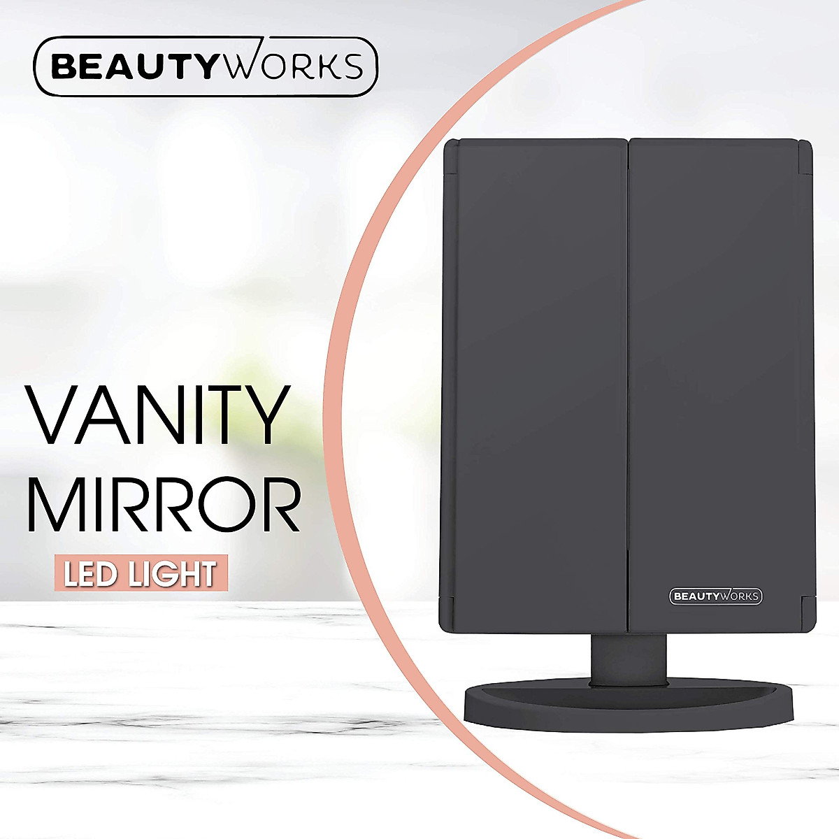 Beautyworks Backlit Makeup Vanity Mirror 36 LED Lights Touch-Screen Light Control, Tri-Fold 1/2/3X Magnification, Portable High-Definition Cosmetic Magnifying Personal Makeup Mirrors (Midnight Black)