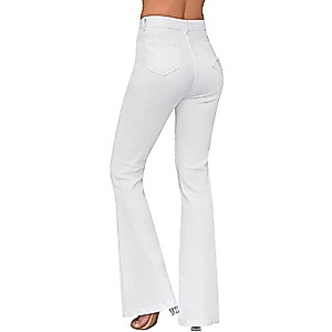 roswear Women’s High Waisted Bell Bottom Stretch Ripped Curvy Flare Jeans White Small