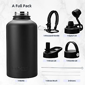 BJPKPK Half Gallon Insulated Water Bottles with Straw Lid,64oz Large Water Bottle,Stainless Steel Water Bottles with 3 Lids and Paracord Handle, Water Bottle for Hot & Cold Liquid, Black