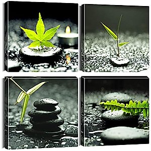 Artscope 4 Pieces Canvas Prints Wall Art - Green Leaf Raindrops and Stones Picture Painting- Modern Wall Artwork Framed for Bathroom Home Office Decor - 12 x 12 Inch