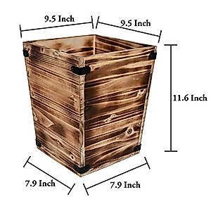 Owlgift Decorative Rustic Burnt Wood Trash Can, Farmhouse Stylish Wooden Waste Basket Near Desk, Square Garbage Cans Trashcan with Metal Brackets for Office, Bedroom & Bathroom
