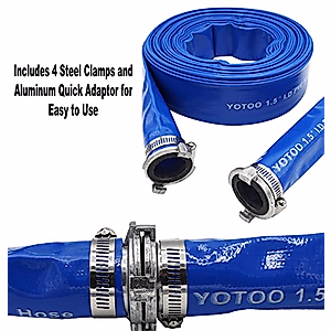 YOTOO Heavy Duty PVC Pool Backwash Hose 1-1/2 Inch by 100 Feet, Reinforced Discharge Hose with Connector and 4 Clamps for Swimming Pools, Pool Drain Hoses, Blue