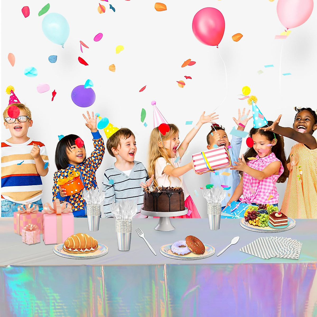 168 Pcs Iridescent Laser Birthday Party Tableware Set, Shiny Iridescent Dessert Plates Cups Sparkle Holographic Foil Napkins for 24 Guest Disco Bridal Wedding Christmas Iridescent Party Decoration