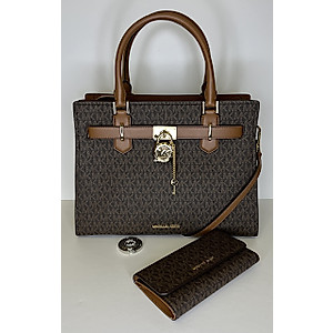 MICHAEL Michael Kors Hamilton MD Satchel bundled with Trifold Wallet and Purse Hook (Signature MK Brown)