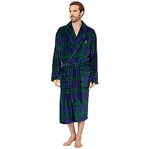 POLO RALPH LAUREN Microfiber Plush Long Sleeve Shawl Collar Robe Blackwatch Plaid/Basic Gold Pony Print LG-XL