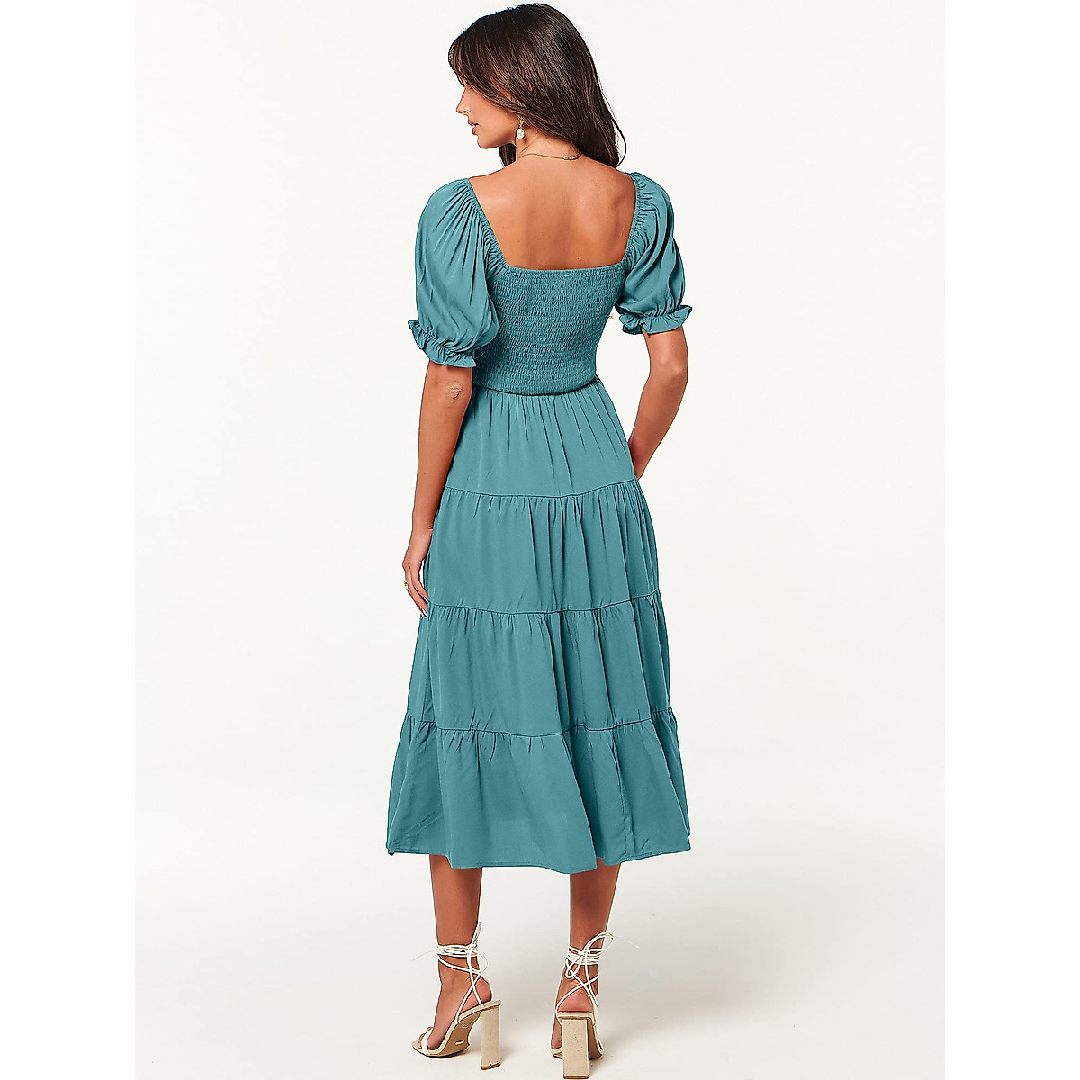 ANRABESS Women's Casual 2024 Summer Fashion Midi Dress Puff Short Sleeve Square Neck Smocked Tiered Boho Beach Dresses Lake-S