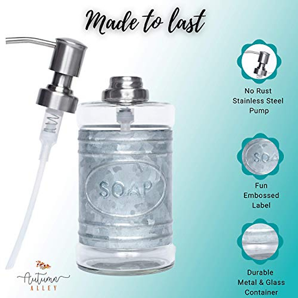 Autumn Alley Adorable 3 Piece Farmhouse Bathroom Accessory Set for Sink/Vanity with Galvanized Soap Dispenser, Cotton Ball Container with Lid, Qtip Organizer- Galvanized Farmhouse Bathroom Decor