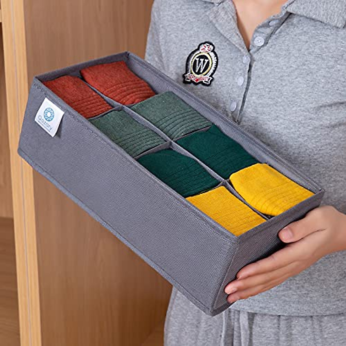 Qozary 3 Pack Sock Underwear Drawer Organizer Dividers, Non-Woven Fabric Collapsible Cabinet Closet Storage Boxes for Clothes, Socks, Lingerie, Underwear, Tie, Belt, Baby, Bedroom (Gray, 8 Cells)