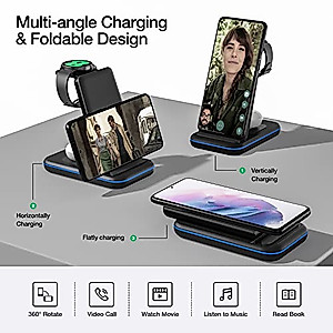 Wireless Charging Station for Samsung, Earteana 3 in 1 Qi Certified Charger/Stand for Samsung Galaxy S23/S22/S21/S20/Note20/10, Galaxy Watch4/Classic/3/1/Active 2/1, Buds+/Live with Adapter (Black)