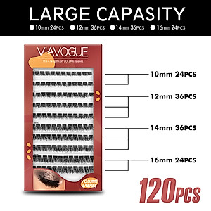 VIAVOGUE Lash Clusters, 120 Eyelash Extension Clusters, Reusable Wispy Volume Natural Look Soft and Lightweight Individual Lashes, Apply the Cluster Lashes Underneath Natural Lashes (Volume Mix)
