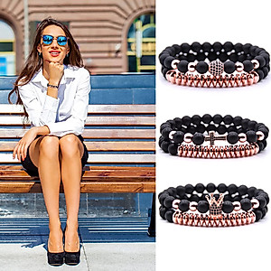 HYHONEY 3 Set Men Bracelet Zircon Crown King Beads Bracelet For Men Women Mens Bracelet Couple Bracelet Bracelets For Men Beads Elastic Adjustable Cross Bracelet For Women Beaded Bracelets