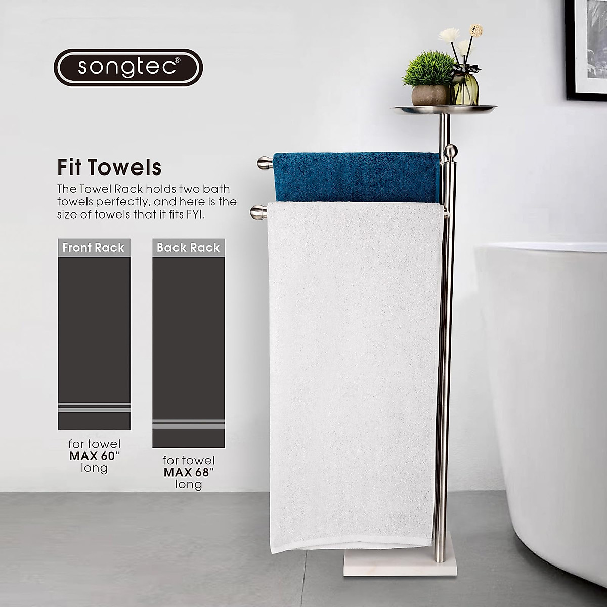 Songtec Towel Rack Stand for Bathroom, 2-Tier Towel Holder Stand for Bath Towels Max to 68” & 60” Long, Practical Shelf on Top for Phone, Shampoo, Body Wash