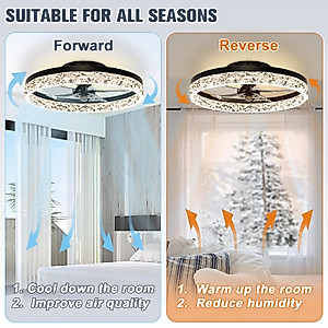 VOLISUN Low Profile Ceiling Fan with Lights and Remote, 19.7in Modern Ceiling Fans Flush Mount, 3000K-6500K Dimmable Bladeless LED Fan Light, Black Fandelier Ceiling Fans with Lights for Bedroom