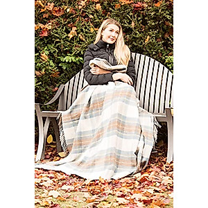 Patrick King Woollen Company Merino Wool Tartan Throw Blanket 69" x 62" Stewart Muted Blue Fringed Plaid Blanket for Home Decor, Camping & Everyday Use | Warm Thick Durable Sustainable Wool Throw