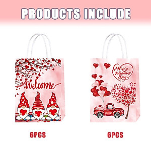 Valentines Day Gnomes Paper Bags  12 Pack Valentine Day Gnomes Gift Bags for Kids Party Valentine Paper Goodie Bags Valentine Cookie Candy Bags with Handles for Valentine Party Decoration Supplies