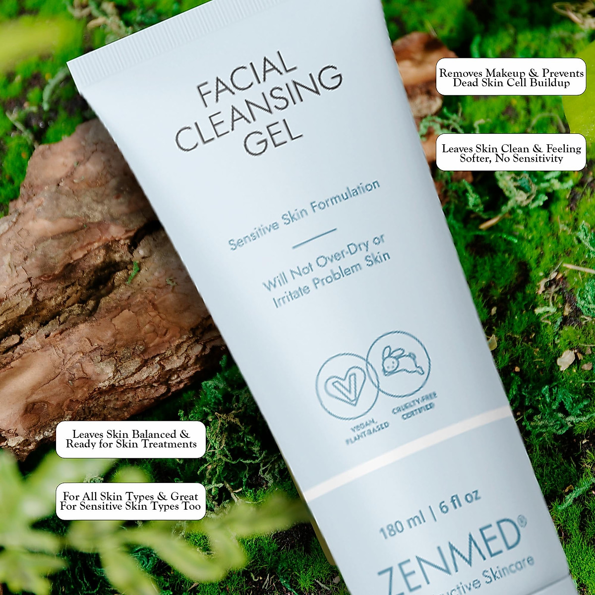 ZENMED Gentle Facial Cleanser 6 oz for Women and Men - All-in-One Cleanser Face Wash | Hydrating Cleanser & Gel Cleanser for Sensitive Skin | Natural, Organic Facial Wash - USA Made